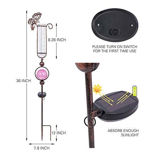 MUMTOP Rain Gauge Outdoor - 36 Inch Solar Butterfly Crackle Glass Stake Lights for Lawn, Yard and Garden