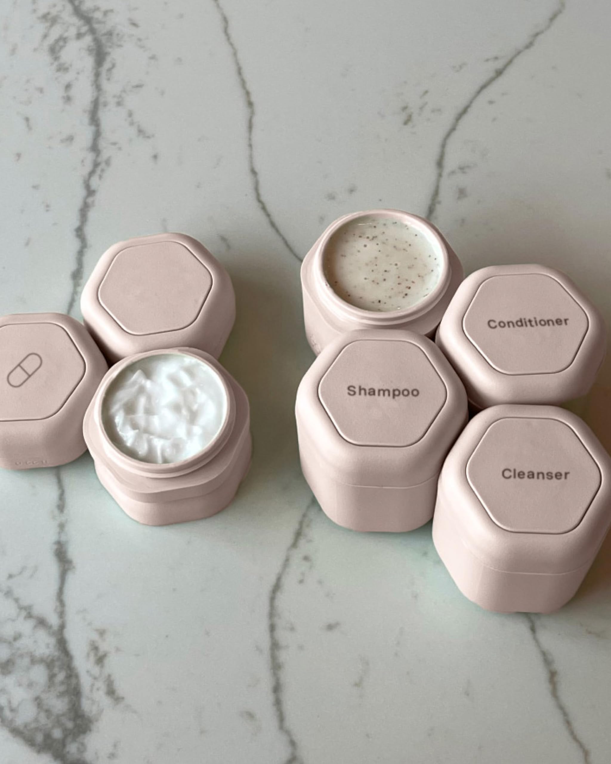 Cadence Travel Containers - Daily Routine Capsule Set - Magnetic Travel Capsules - For Shampoo, Conditioner, Body Wash, Pills, and More - 4 Flex Mediums (1.32oz) & 3 Flex Smalls (0.56oz) - Petal