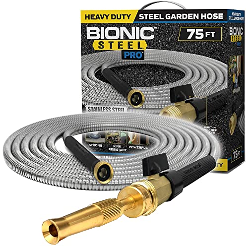 Bionic Steel PRO Garden Hose - 304 Stainless Steel Metal 75 Foot Garden Hose – Heavy Duty Garden Hose Lightweight, Kink-Free, Stronger Than Ever with Brass Fittings and On/Off Valve – 2021 Model