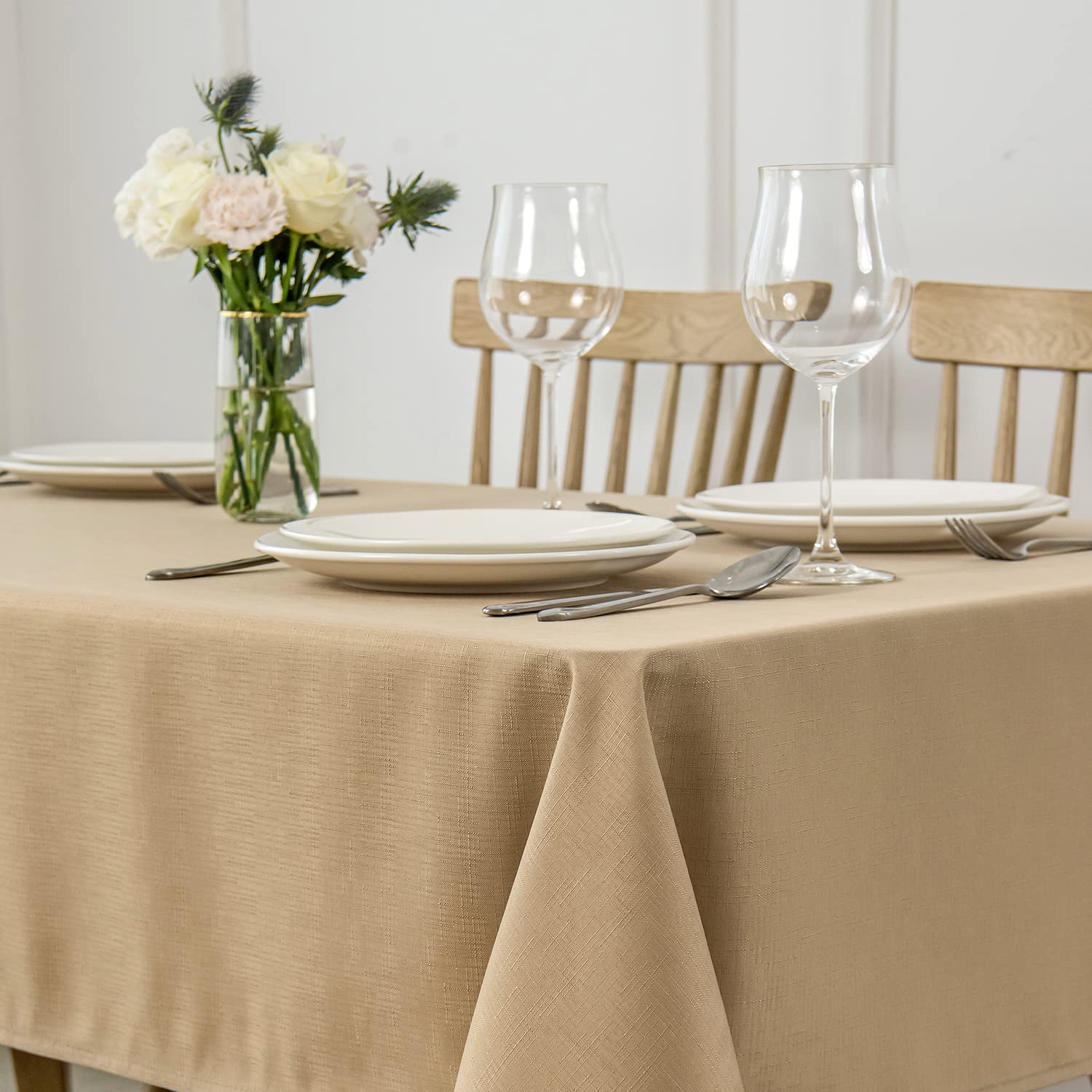 maxmill Faux Linen Textured Rectangle Tablecloth Water Resistant Wrinkle Free Spill-Proof, Soft Table Cloth for Dining Room Decoration, Banquet Parties Event Holiday Dinner, 60 x 84 Inch Beige