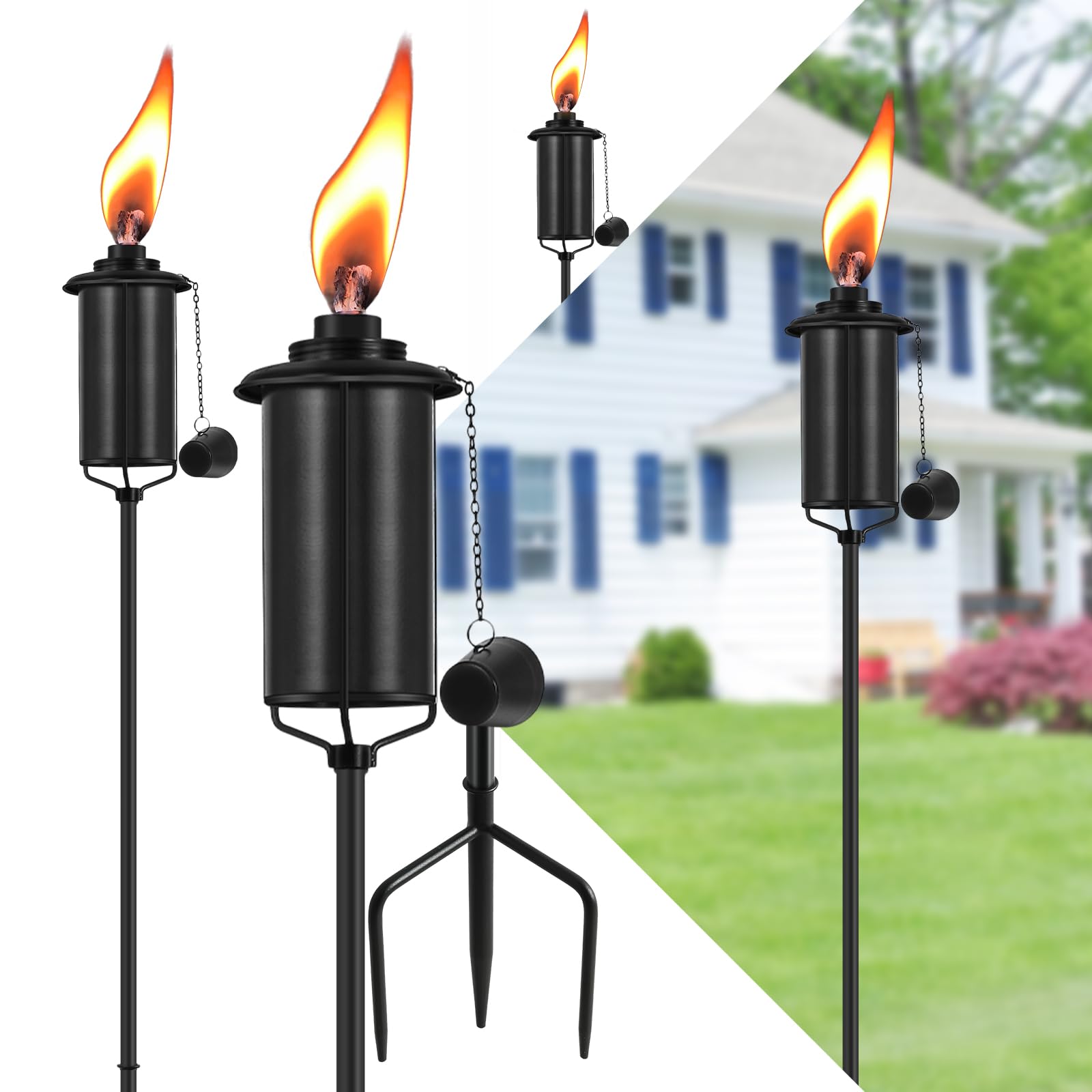 FAN-Torches Home Garden Torch Set of 4, 16oz Outdoor Metal Torch Garden Décor,59-Inch Upgraded Citronella Torches with 3-Prong Grounded Stake, Metal Light Torches for Party Patio Pathway
