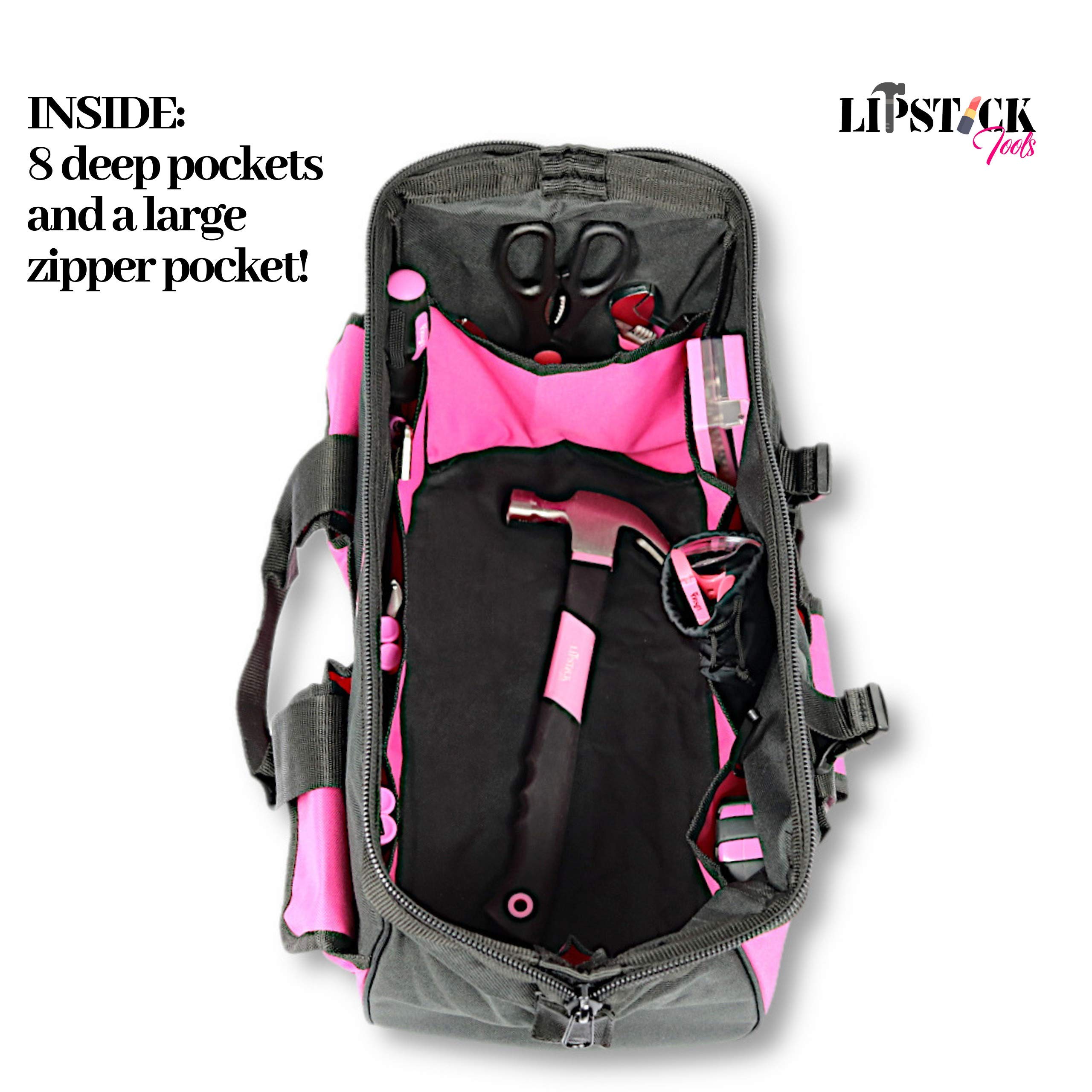 LipStick Tools 18-Inch Multi-Purpose Zip-Top Pink Storage Wide Mouth Tool Bag Organizer. Great for Home Improvement/Contractors Tools. Heavy Duty Storage Pockets and Shoulder Strap.