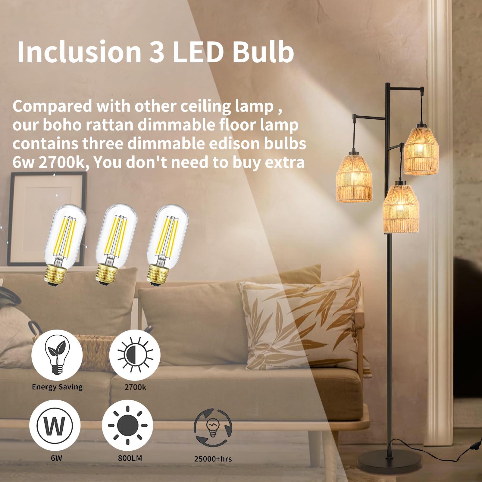 Rattan Floor Lamp for Living Room Bedroom 3-Lights Boho Tree Floor Lamps Modern Black Standing Lamp,Woven Hemp Rope Wicker 68"Tall Floor Light with Rotatable Farmhouse Foot Switch Rattan Tall Lamp