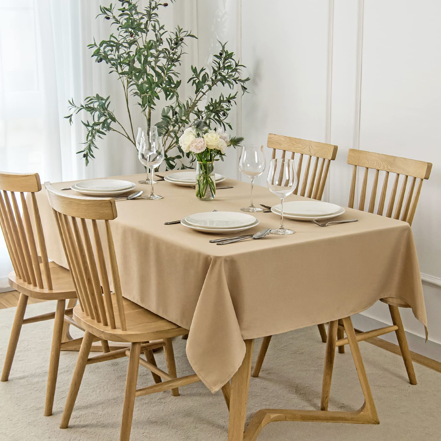 maxmill Faux Linen Textured Rectangle Tablecloth Water Resistant Wrinkle Free Spill-Proof, Soft Table Cloth for Dining Room Decoration, Banquet Parties Event Holiday Dinner, 60 x 84 Inch Beige