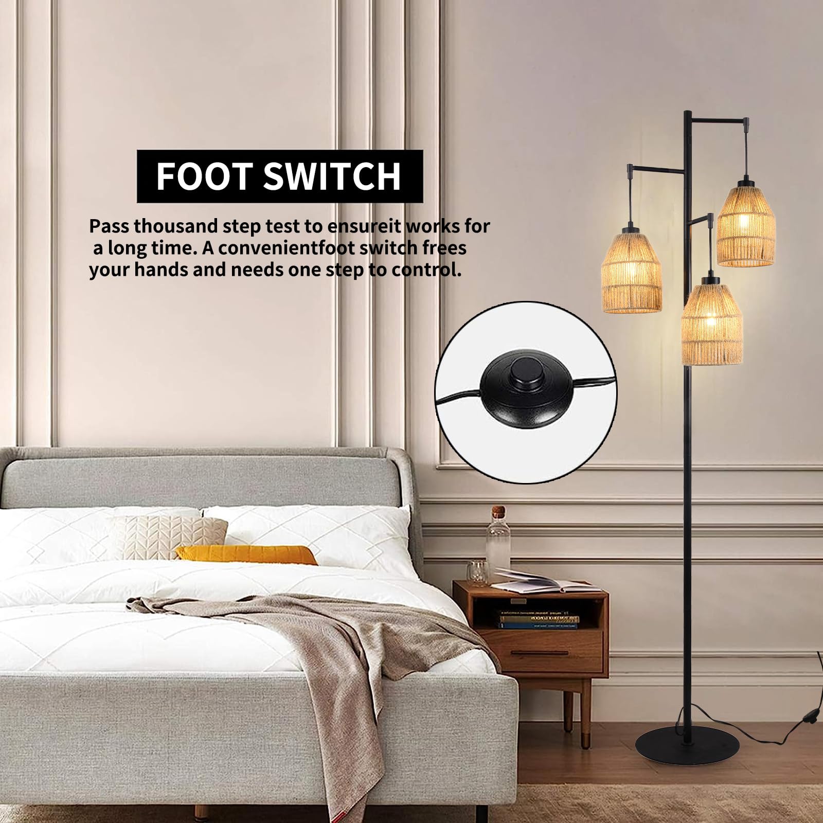 Rattan Floor Lamp for Living Room Bedroom 3-Lights Boho Tree Floor Lamps Modern Black Standing Lamp,Woven Hemp Rope Wicker 68"Tall Floor Light with Rotatable Farmhouse Foot Switch Rattan Tall Lamp