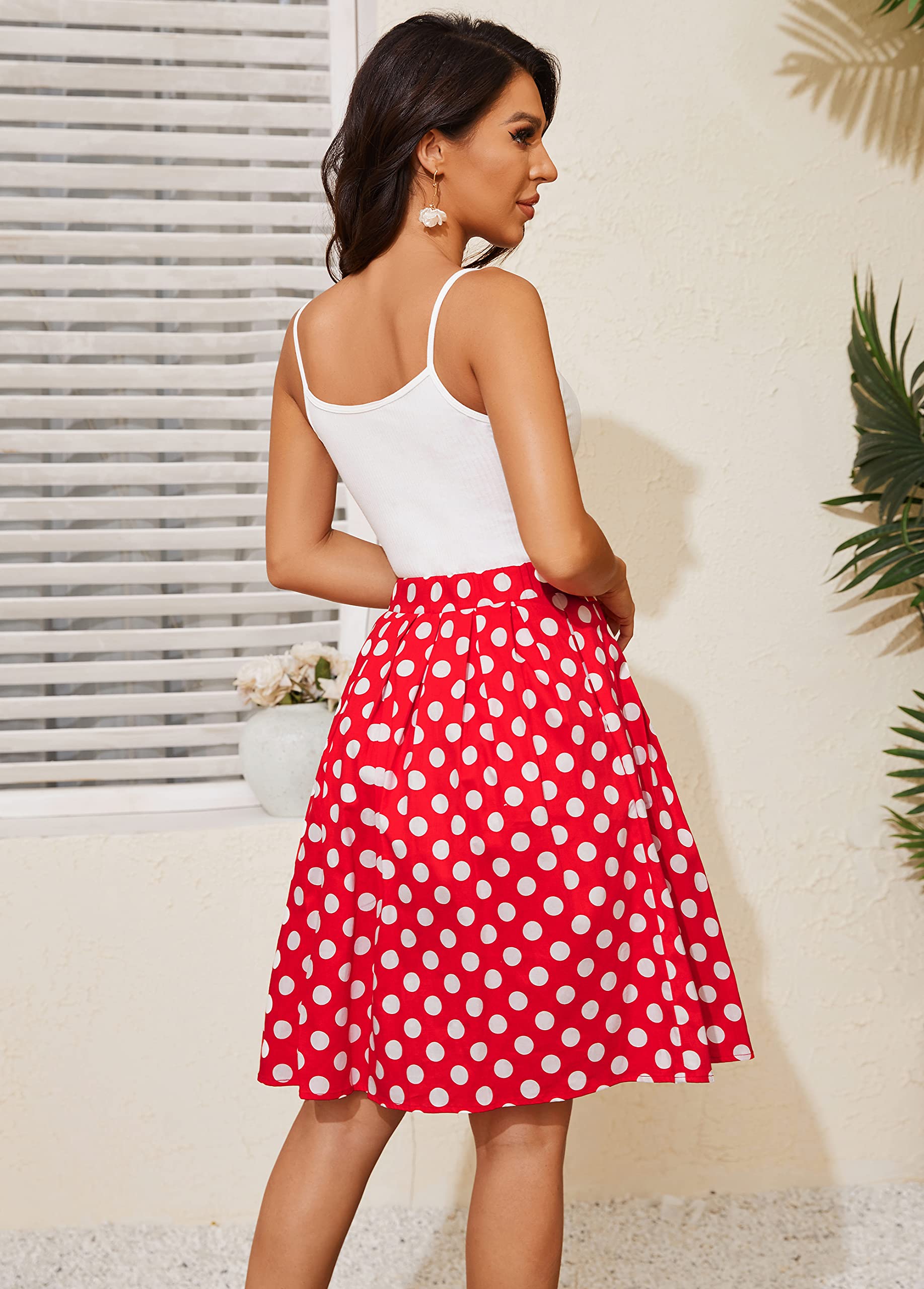 Taydey A-Line Pleated Vintage Skirts for Women (XL, Y-Red Polka dot)