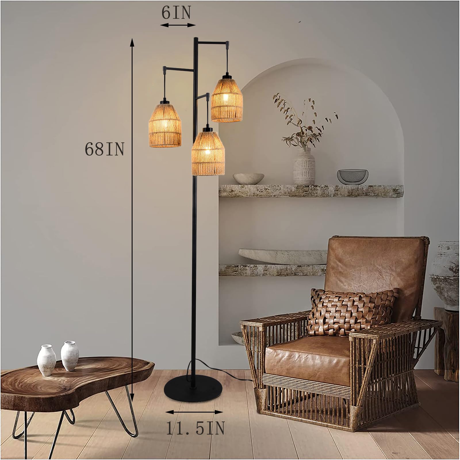 Rattan Floor Lamp for Living Room Bedroom 3-Lights Boho Tree Floor Lamps Modern Black Standing Lamp,Woven Hemp Rope Wicker 68"Tall Floor Light with Rotatable Farmhouse Foot Switch Rattan Tall Lamp