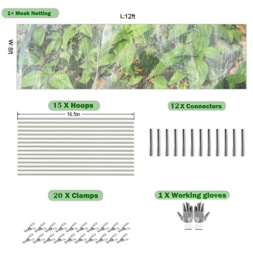 Garden Mesh Netting Kit,8x12 Ft Plant Protection Mesh Netting with 15pcs Greenhouse Garden Hoops,Ultra Fine Mesh Netting Cover for Vegetable Plants,Pest Animals Birds Barrier Garden Netting Kit