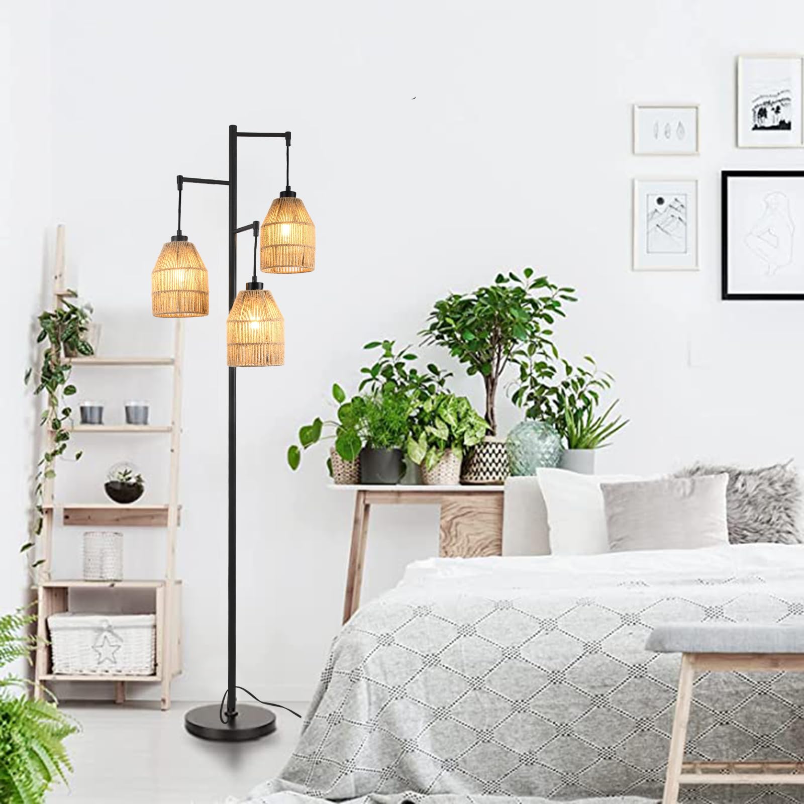 Rattan Floor Lamp for Living Room Bedroom 3-Lights Boho Tree Floor Lamps Modern Black Standing Lamp,Woven Hemp Rope Wicker 68"Tall Floor Light with Rotatable Farmhouse Foot Switch Rattan Tall Lamp
