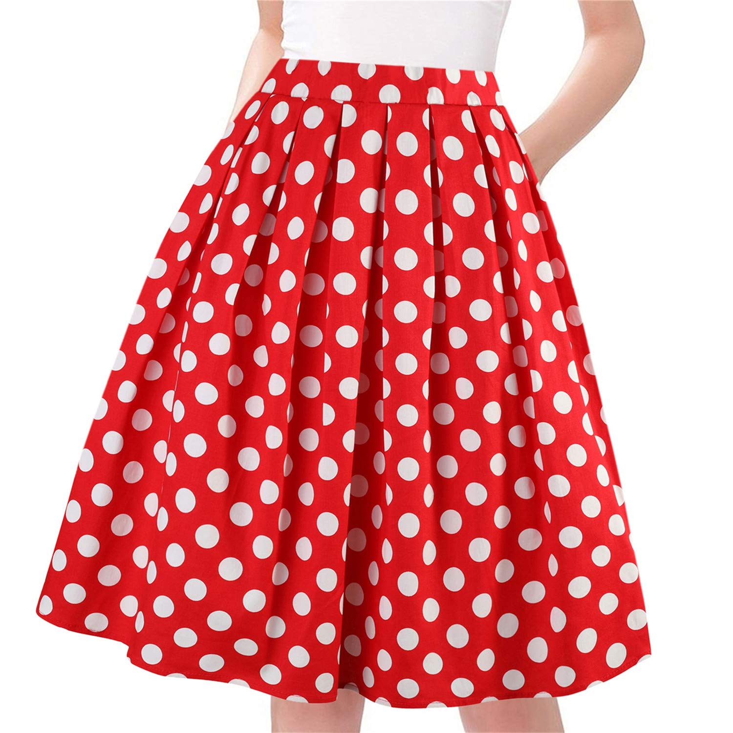 Taydey A-Line Pleated Vintage Skirts for Women (XL, Y-Red Polka dot)