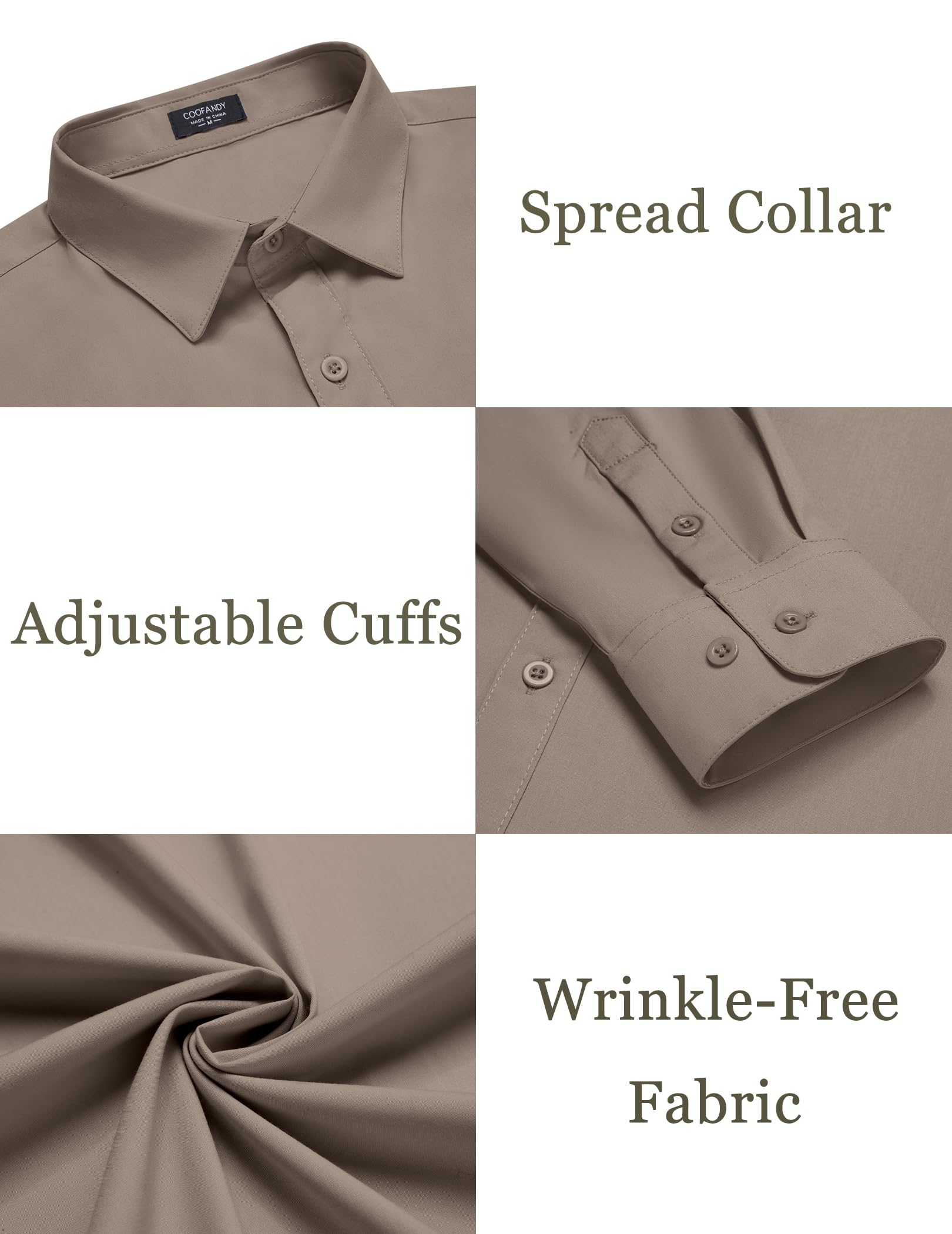 COOFANDY Men Button Down Long Sleeve Shirts Regular Fit Suit Shirt Business Dress Shirts Men Khaki