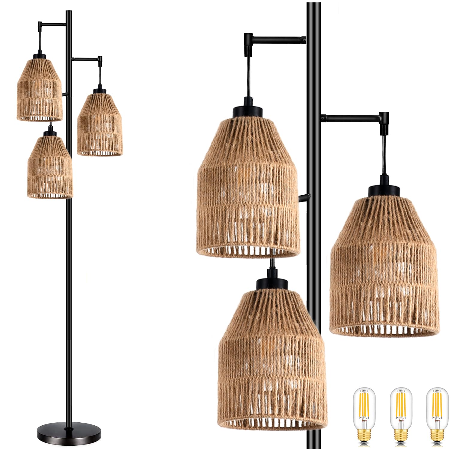 Rattan Floor Lamp for Living Room Bedroom 3-Lights Boho Tree Floor Lamps Modern Black Standing Lamp,Woven Hemp Rope Wicker 68"Tall Floor Light with Rotatable Farmhouse Foot Switch Rattan Tall Lamp