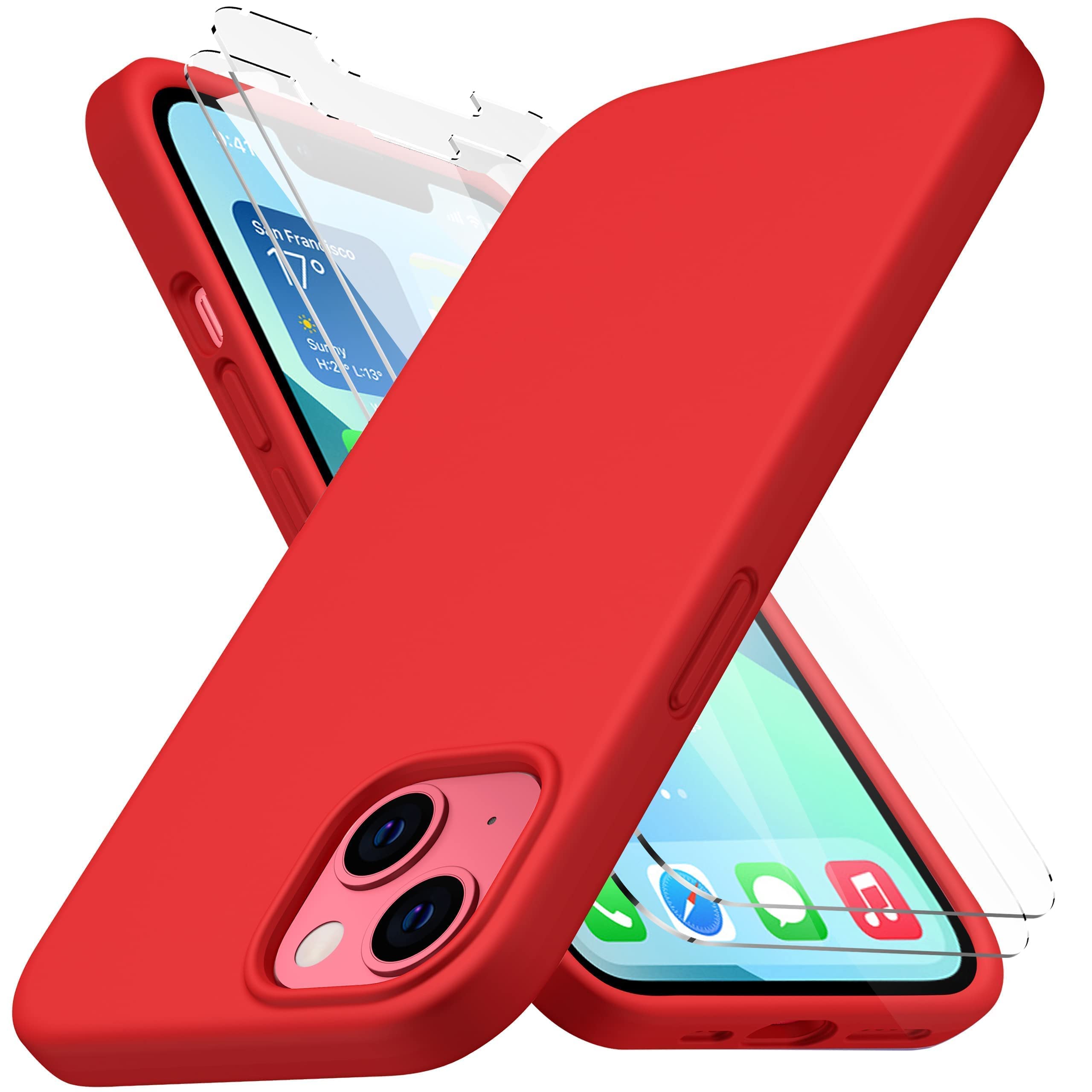 CellEver Heavy-Duty Silicone Case for iPhone 13 Mini - Two Shatterproof Glass Screen Protectors, Military Drop Protection, Scratch-Free Interior, Bright Red