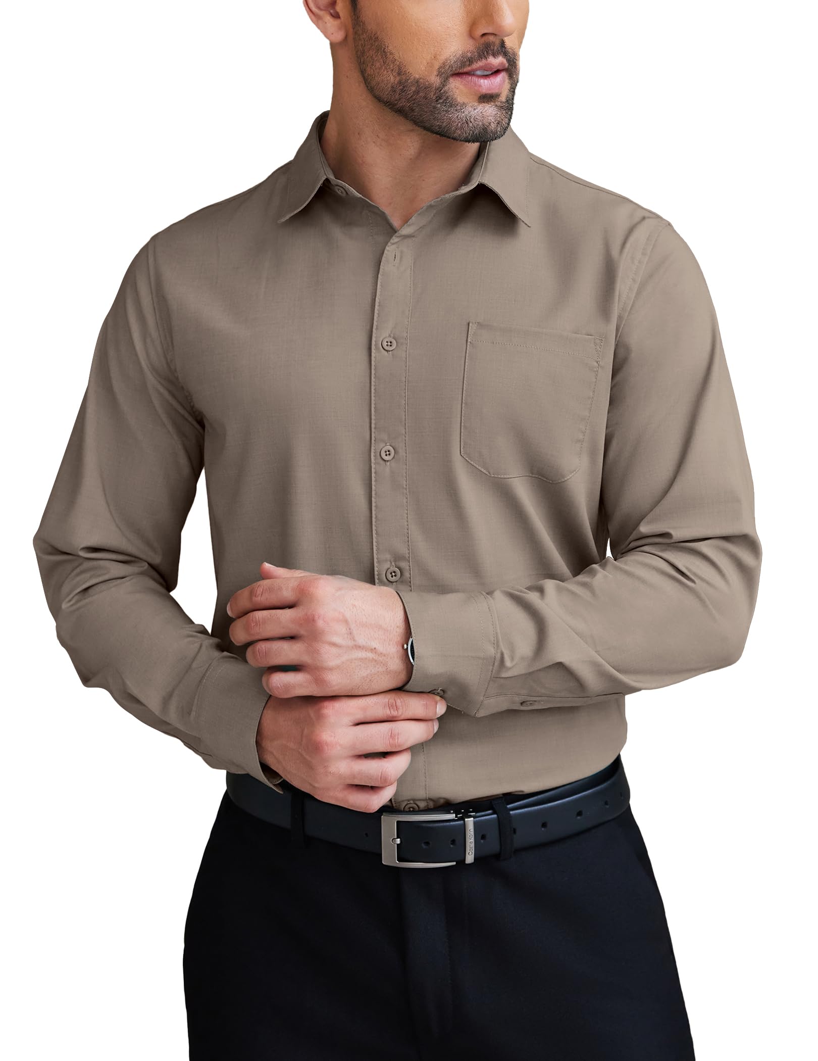 COOFANDY Men Button Down Long Sleeve Shirts Regular Fit Suit Shirt Business Dress Shirts Men Khaki