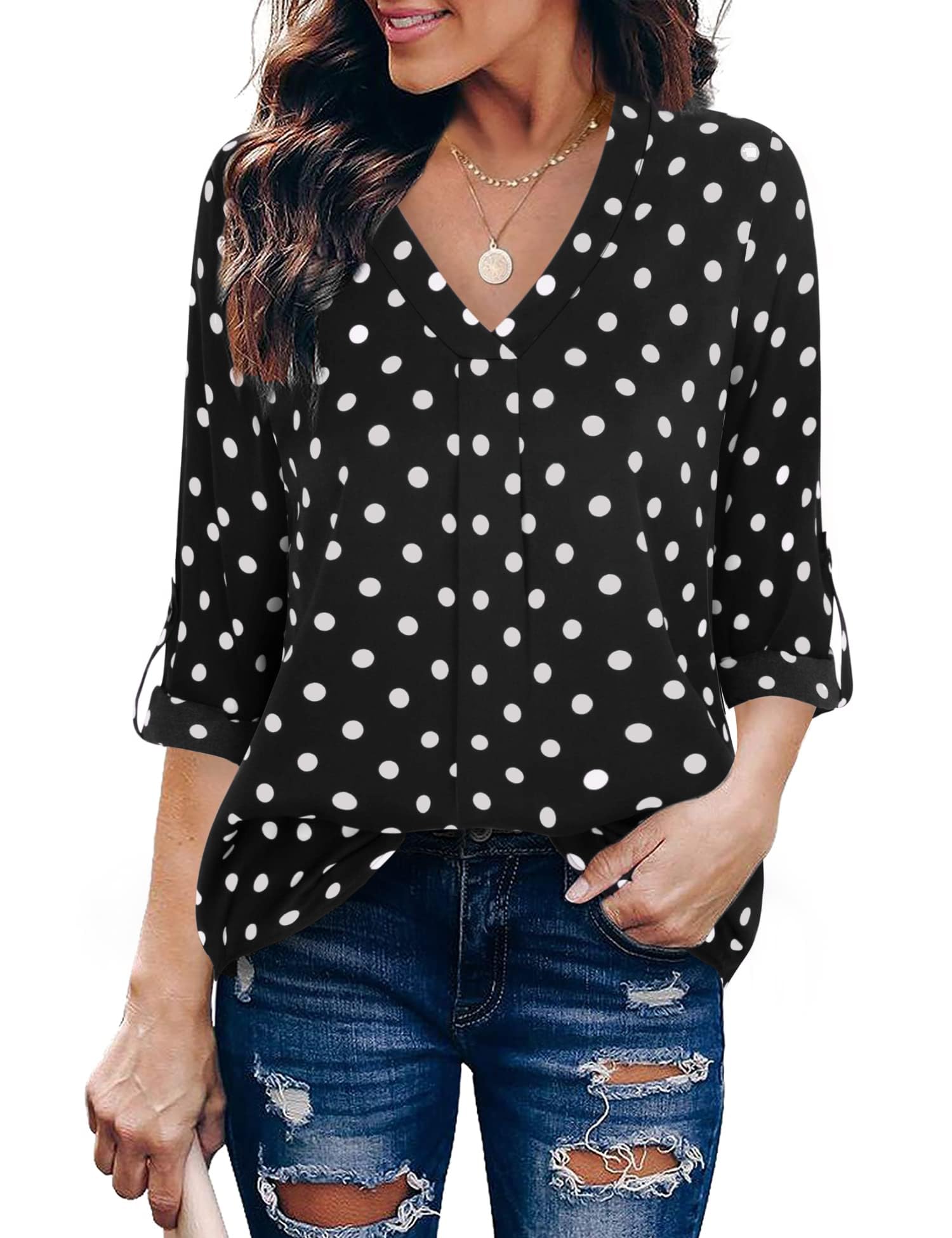 Youtalia Work Blouses for Women Office, Ladies Tops for Leggings Chiffon Long Sleeve Top Vintage Polka Dot Blouses Loose Fit Casual Shirts for Women Black Dot X-Large