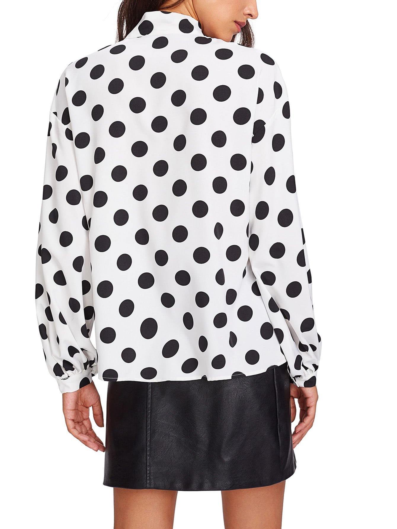 Floerns Women's Bow Tied Neck Lantern Long Sleeve Polka Dot Blouse White S