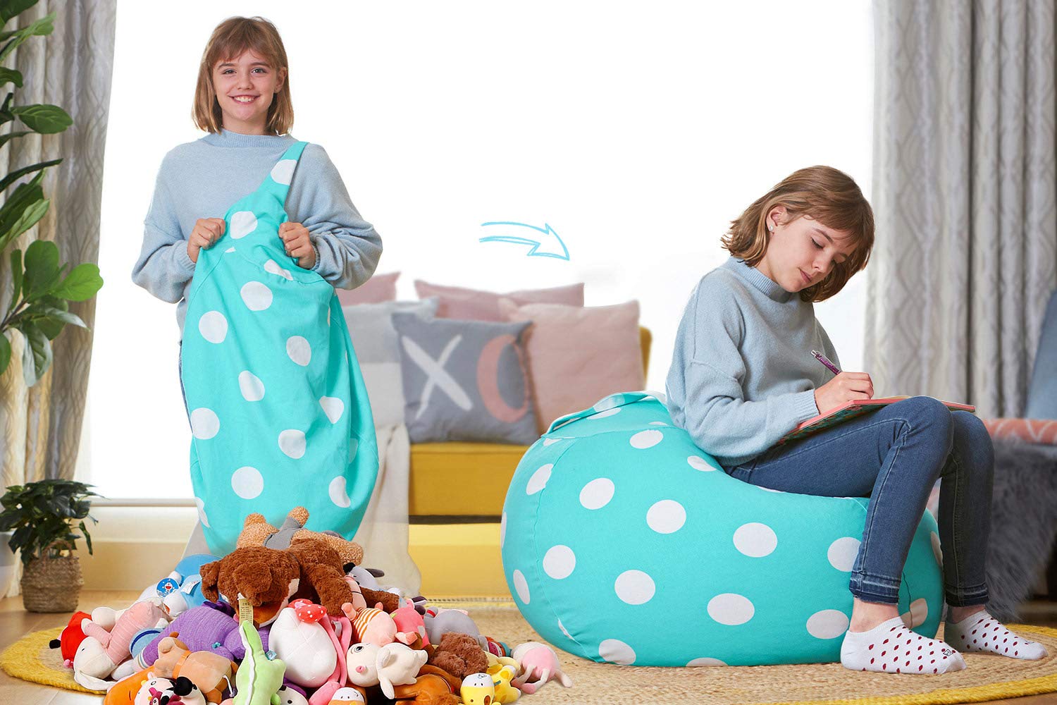 Aubliss Stuffed Animal Bean Bag Storage Chair, Beanbag Covers Only for Organizing Plush Toys, Turns into Bean Bag Seat for Kids When Filled, Large 38"-Canvas Dot Light Aqua