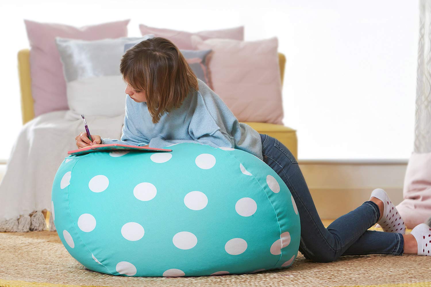 Aubliss Stuffed Animal Bean Bag Storage Chair, Beanbag Covers Only for Organizing Plush Toys, Turns into Bean Bag Seat for Kids When Filled, Large 38"-Canvas Dot Light Aqua