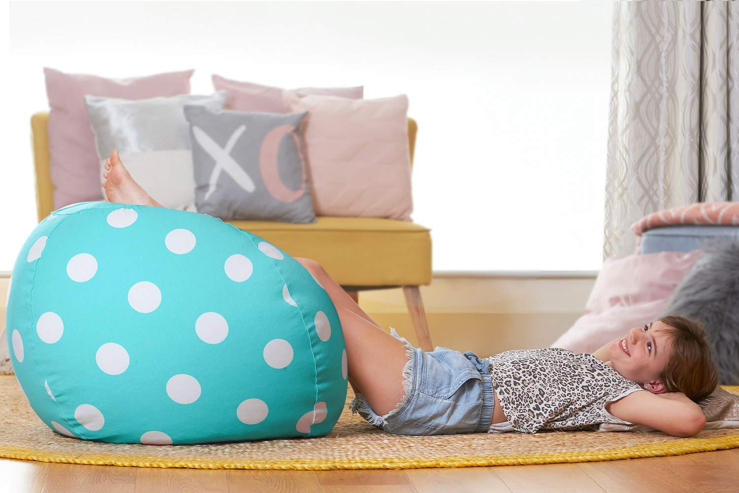 Aubliss Stuffed Animal Bean Bag Storage Chair, Beanbag Covers Only for Organizing Plush Toys, Turns into Bean Bag Seat for Kids When Filled, Large 38"-Canvas Dot Light Aqua