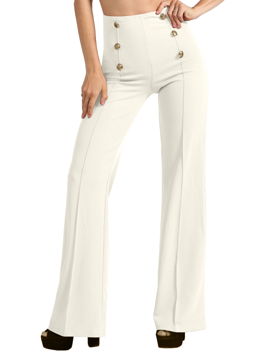 J. LOVNY Womens Sailor Bell Bottom High Waist Long Pants Made in USA S-3XL Ivory