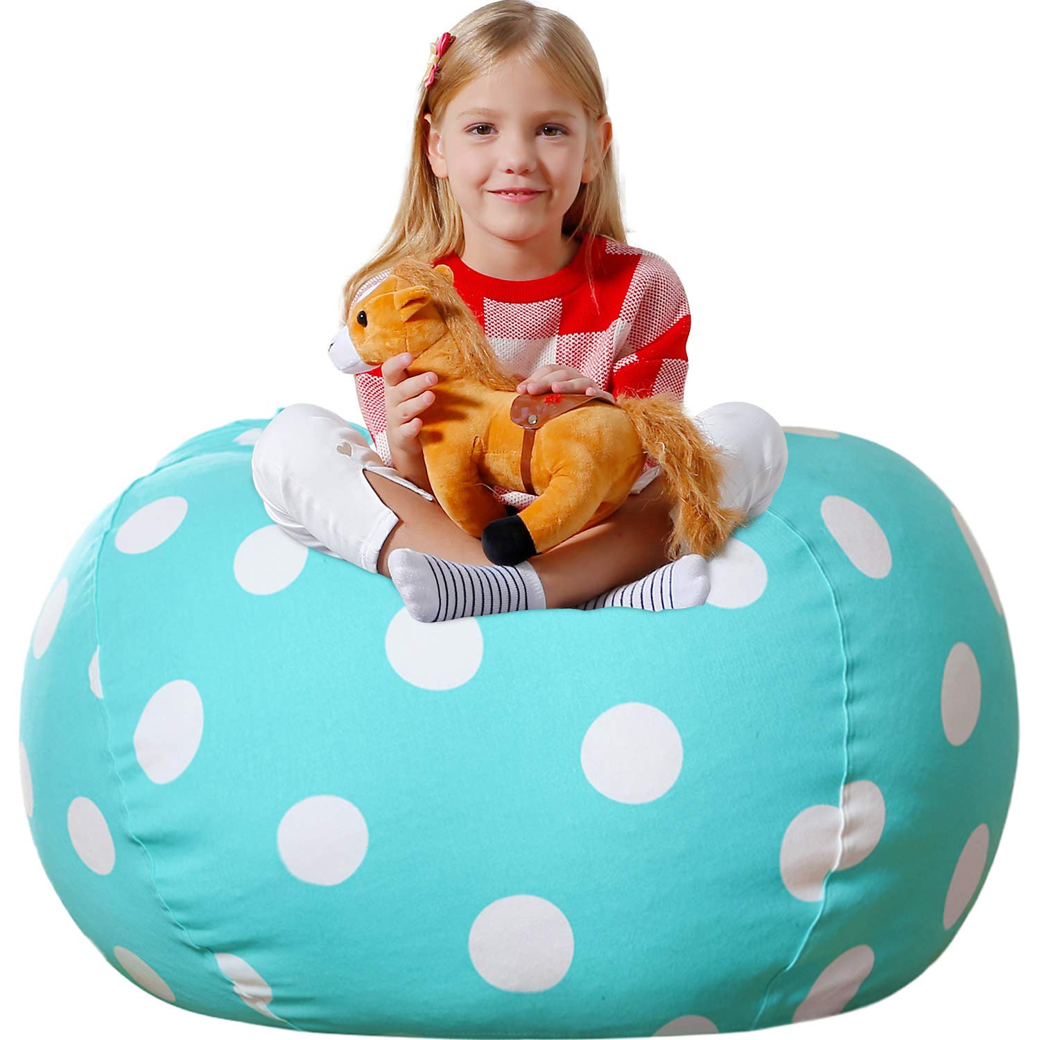 Aubliss Stuffed Animal Bean Bag Storage Chair, Beanbag Covers Only for Organizing Plush Toys, Turns into Bean Bag Seat for Kids When Filled, Large 38"-Canvas Dot Light Aqua
