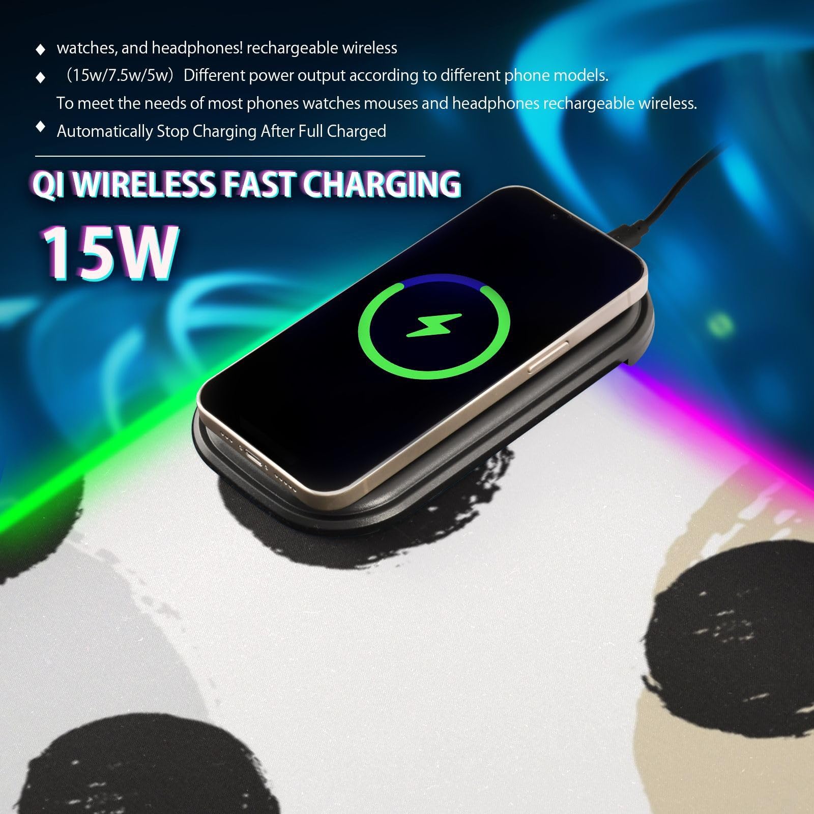 Polka Dot Wireless Charging Mouse Pad for Mobile Phone Extra Large Gaming Mousepad with 13 Lighting Modes Mouse Mat for Gaming MacBook PC Laptop Desk Home Office