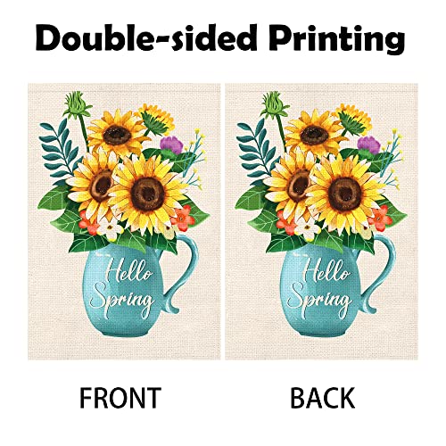 WODISON Hello Spring Summer Garden Flag Floral Sunflower Vase 12×18 Inch Double Sided Vertical Flag Burlap for Outside House Outdoor Decoration Banner (ONLY FLAG)