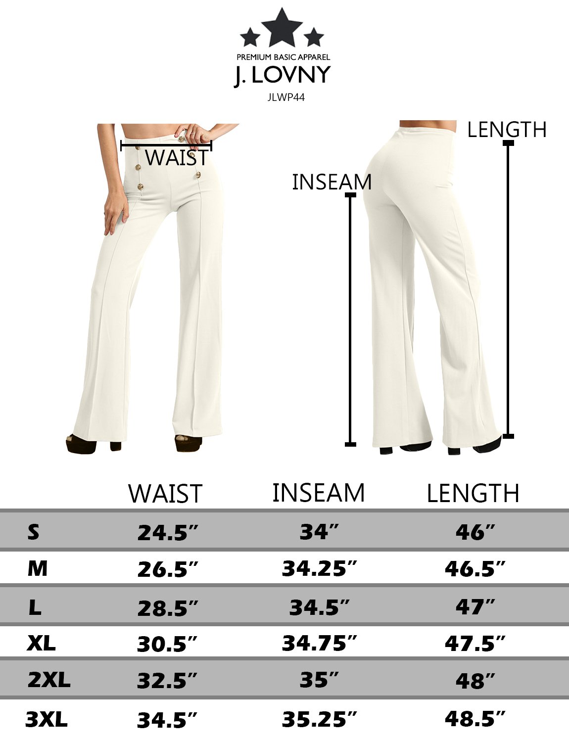 J. LOVNY Womens Sailor Bell Bottom High Waist Long Pants Made in USA S-3XL Ivory