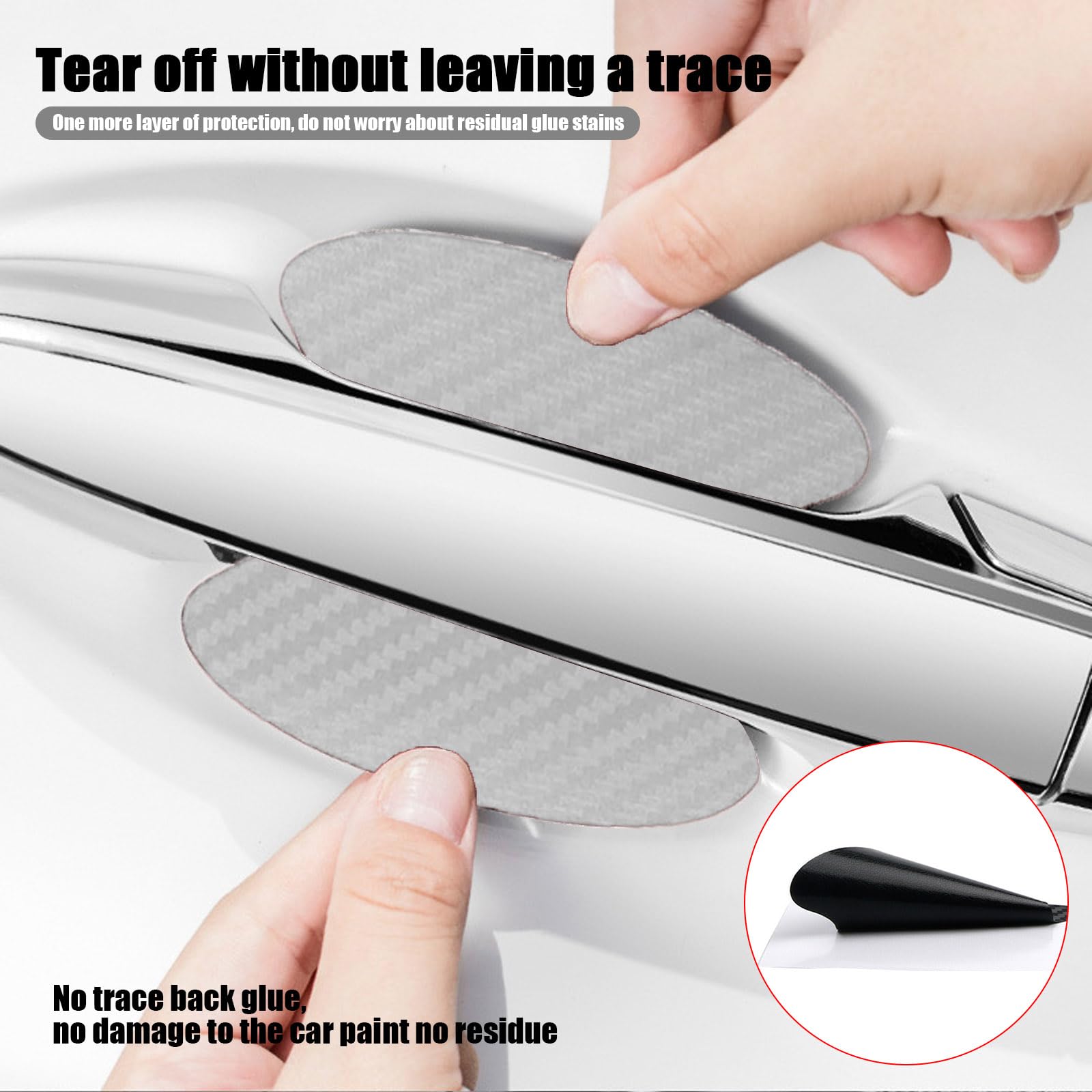 Crynod 4 PCS Car Door Bowl Protector, 3.38" x 2.67" Carbon Fiber Pattern Handle Interior Anti-Scratch Film, Universal Body Decoration Accessory, Product Compatible with Most Car Models (Silver)