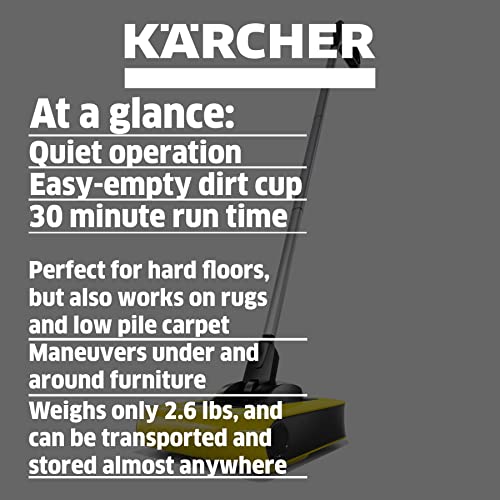 Karcher KB 5 Lightweight Multi-Surface Cordless Electric Floor Sweeper Broom - Ideal for Fur, Hair, Dirt, & Debris - 8.25" Cleaning Width, 30 Minute Runtime
