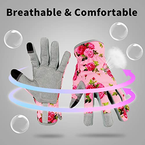 YRTSH Leather Gardening Gloves for Women, Flexible Breathable Garden Gloves,Thorn Proof Working Gloves Touch Screen Gardening Gifts - Medium Pink