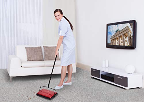 Alpine Industries Triple Brush Floor & Carpet Sweeper β Heavy Duty & Non Electric Multi-Surface Cleaner - Easy Manual Sweeping for Carpeted Floors (Red)