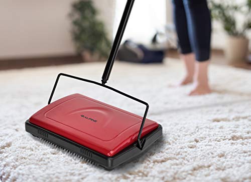 Alpine Industries Triple Brush Floor & Carpet Sweeper β Heavy Duty & Non Electric Multi-Surface Cleaner - Easy Manual Sweeping for Carpeted Floors (Red)