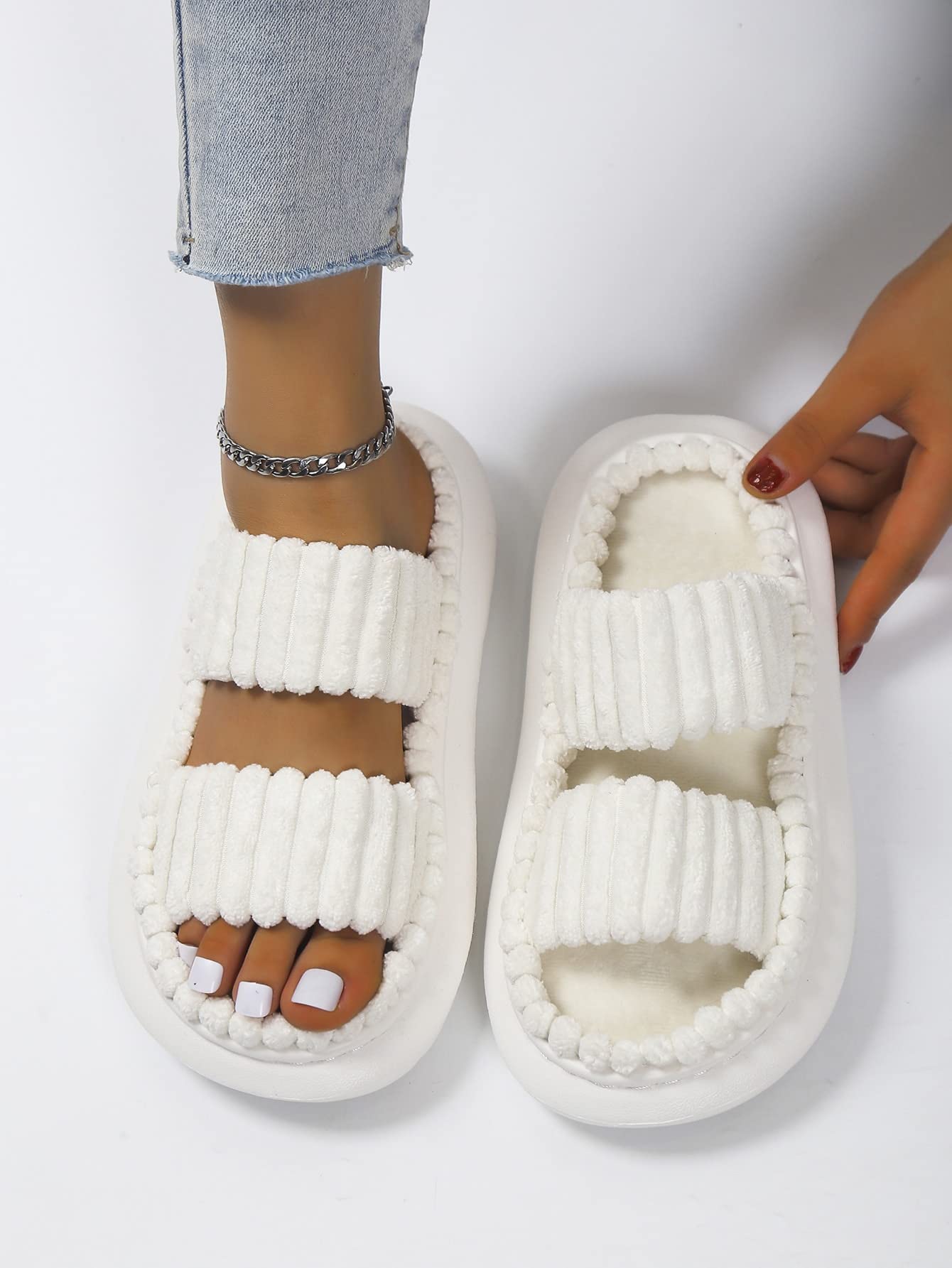 OYOANGLE Women's Solid Minimalist Stripe Fuzzy Bedroom Slippers Fashion Warm Furry Open Toe House Slipper White CN42-43