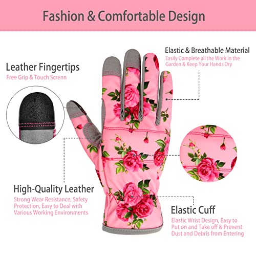 YRTSH Leather Gardening Gloves for Women, Flexible Breathable Garden Gloves,Thorn Proof Working Gloves Touch Screen Gardening Gifts - Medium Pink
