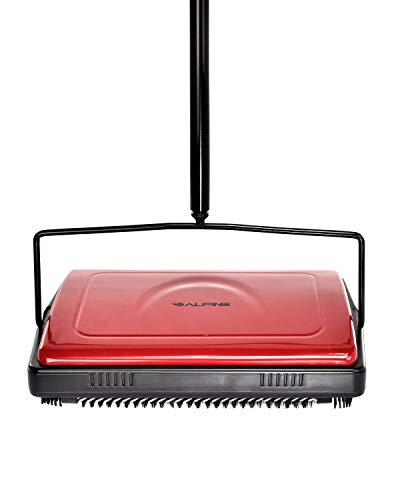 Alpine Industries Triple Brush Floor & Carpet Sweeper β Heavy Duty & Non Electric Multi-Surface Cleaner - Easy Manual Sweeping for Carpeted Floors (Red)