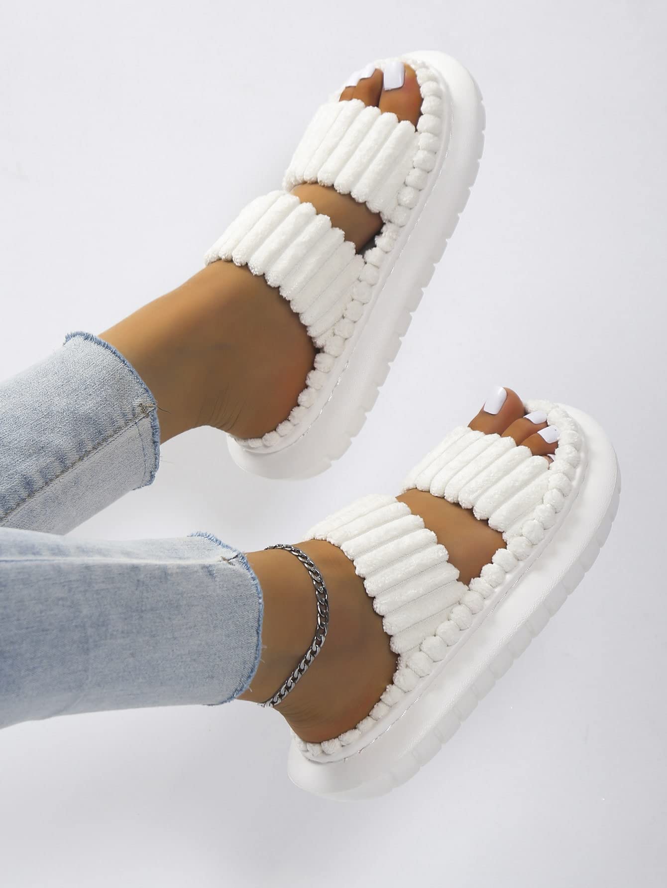 OYOANGLE Women's Solid Minimalist Stripe Fuzzy Bedroom Slippers Fashion Warm Furry Open Toe House Slipper White CN42-43