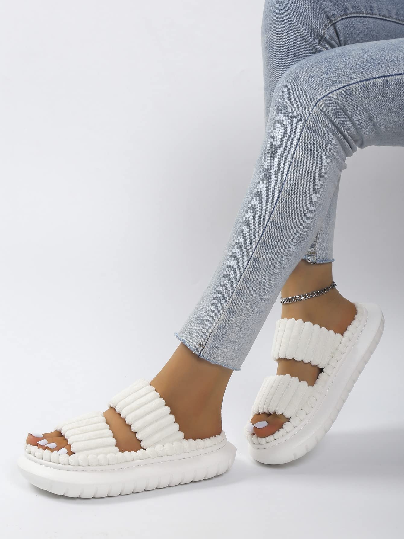 OYOANGLE Women's Solid Minimalist Stripe Fuzzy Bedroom Slippers Fashion Warm Furry Open Toe House Slipper White CN42-43