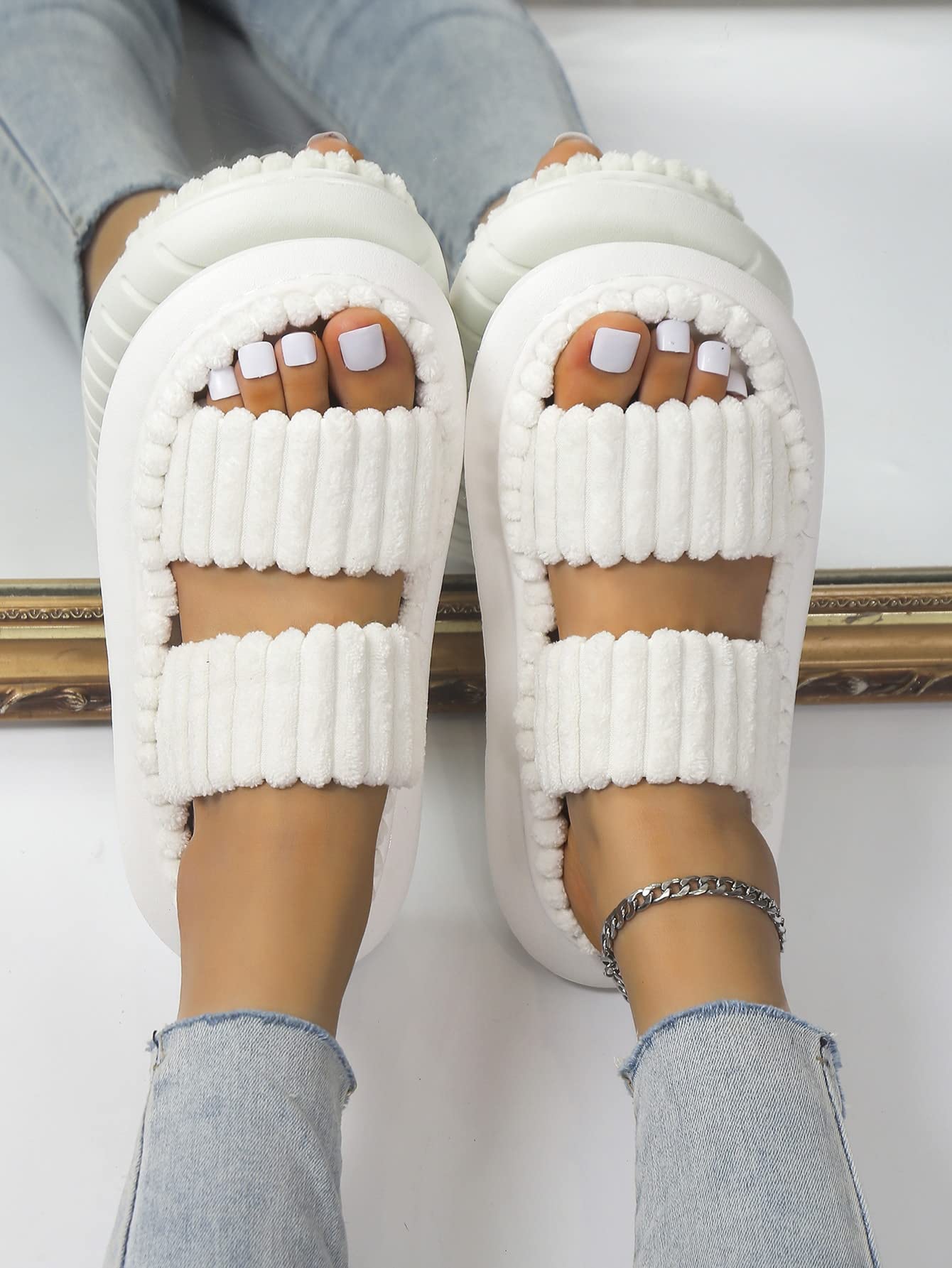 OYOANGLE Women's Solid Minimalist Stripe Fuzzy Bedroom Slippers Fashion Warm Furry Open Toe House Slipper White CN42-43