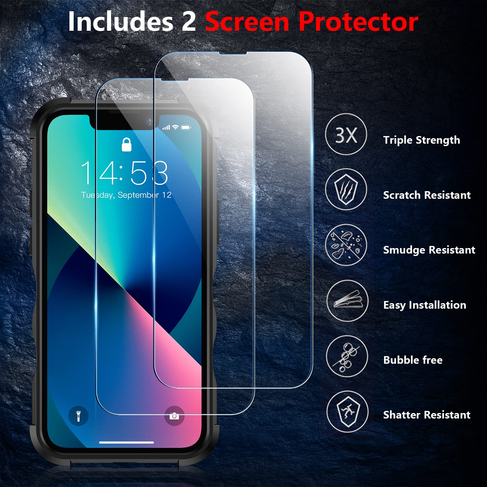 SPIDERCASE Designed for iPhone 13 Mini Case, with 2 Packs [Tempered Glass Screen Protectors] [10FT Military Grade Drop Protection] [Non-Slip] Heavy Duty Shockproof Case, Black