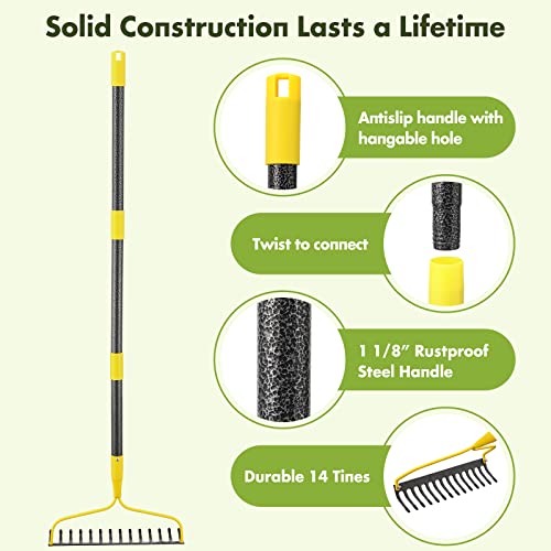 Garden Rake,14 Tines Heavy Duty Bow Rake for Lawns,60 Inch Long Handle Gardening Leaf Rake for Loosening Soil…
