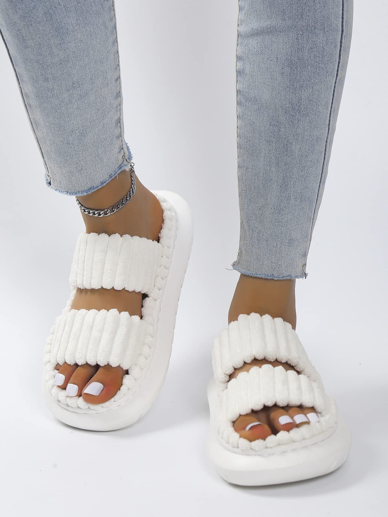 OYOANGLE Women's Solid Minimalist Stripe Fuzzy Bedroom Slippers Fashion Warm Furry Open Toe House Slipper White CN42-43