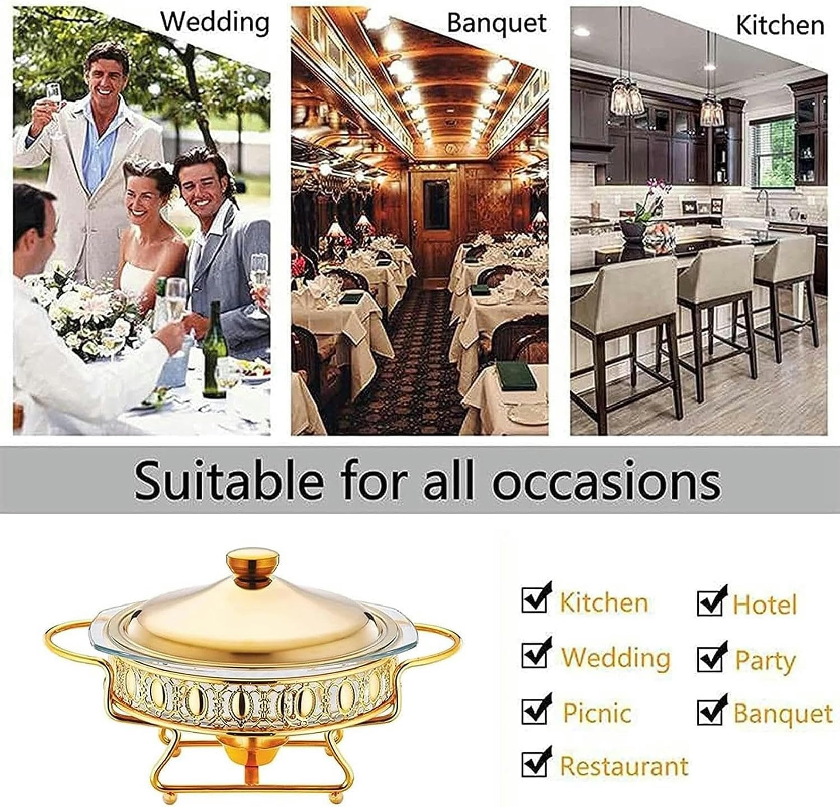 Chef Chafing Dish Buffet Set, Stainless Steel Chafer and Buffet Warmers Sets, Catering Buffet Mini Hot Pot Outdoor Picnic Household (Gold)