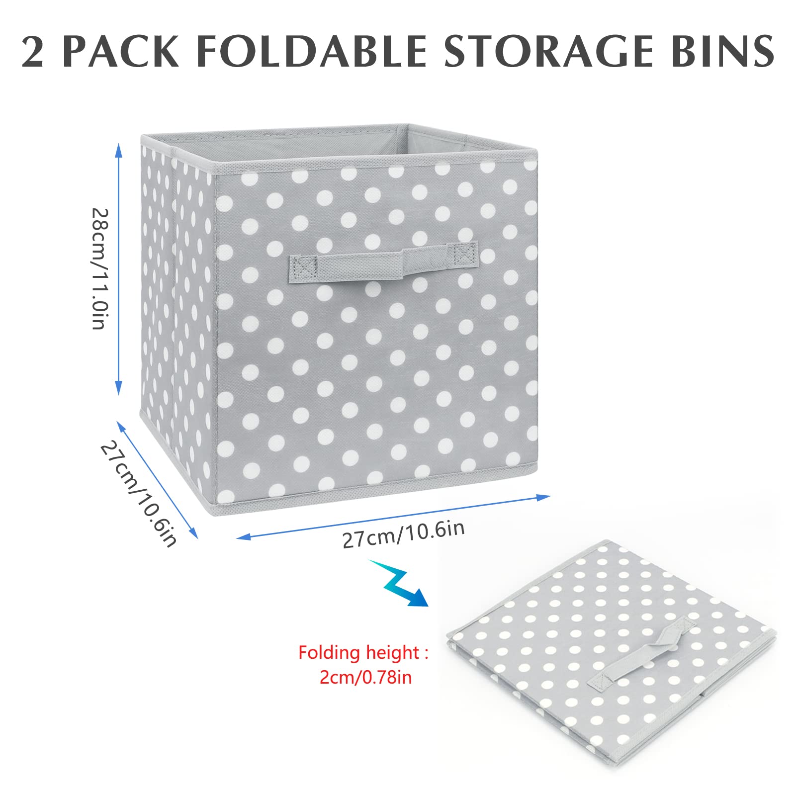 WWW 11 Inch Fabric Cube Organizer, 2 Packs Foldable Cube Storage Bins Basket, Closet Organizers Box, Home Organizers with Handle for Shelves, Closet, Kallax, Office(Polka Dot Grey)