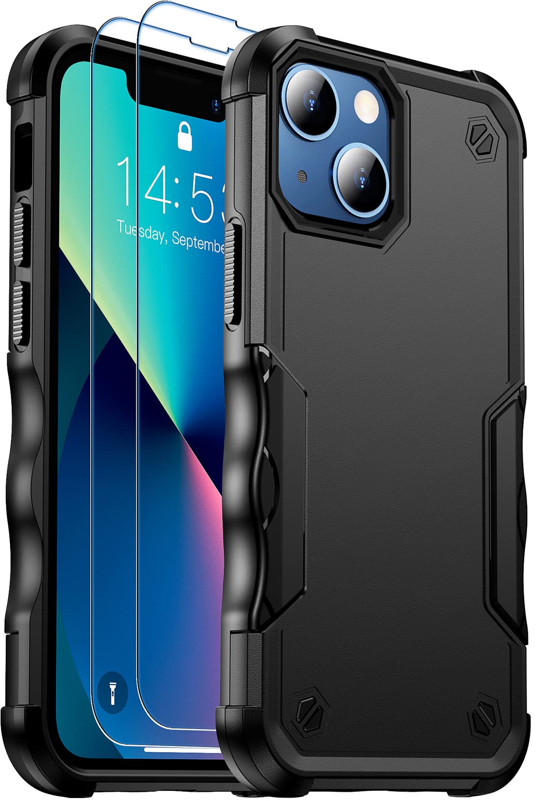 SPIDERCASE Designed for iPhone 13 Mini Case, with 2 Packs [Tempered Glass Screen Protectors] [10FT Military Grade Drop Protection] [Non-Slip] Heavy Duty Shockproof Case, Black
