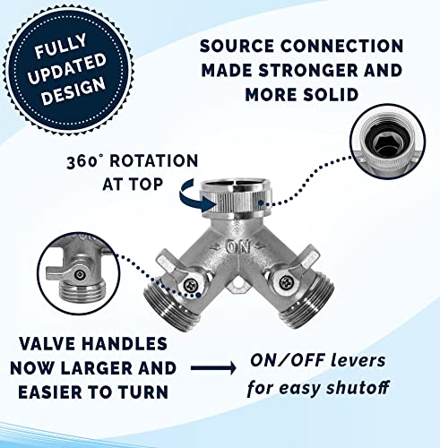 Morvat Heavy Duty Nickel Plated Brass 2 way Y Splitter Garden Hose Hexagonal Connector with Comfortable Grip Shut Off Valves, Adapter for Water Tap, Outlet, & Spigot, Includes 2 Extra Rubber Washers