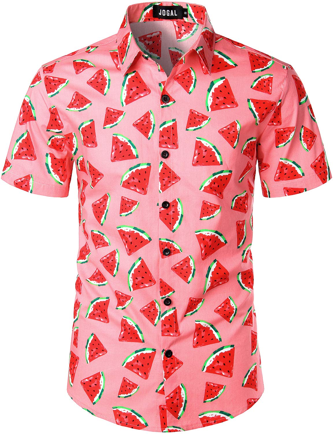 JOGAL Men's Cotton Button Down Short Sleeve Hawaiian Shirt Pink Red XX-Large