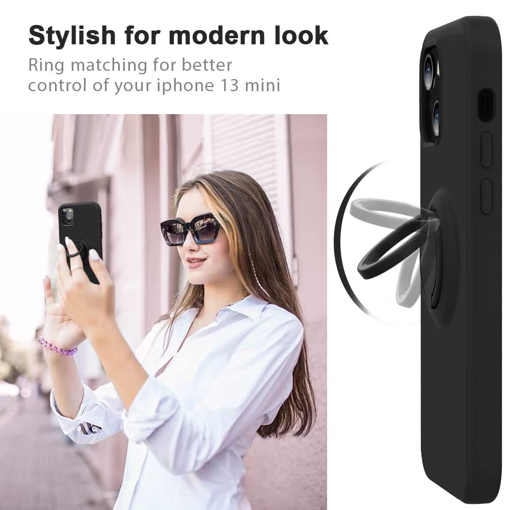 MOCCA Compatible with iPhone 13 Mini Case with Ring Kickstand |Liquid Silicone| Microfiber Linner | Anti-Scratch Full-Body Shockproof Protective Case for iPhone 13 Mini 5.4inch-Black