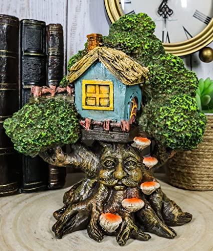 Ebros Whimsical Forest Ent Greenman Cottage Blue Nook Tree House Statue with Mushroom Conk Steps 6.5" High As Fairy Garden Treehouse Accessory Decor for Home Collectible Figurine