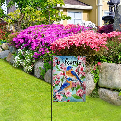 Artofy Welcome Spring Bluebird Home Decorative Birds Garden Flag, Yard Outside Decor, Summer Flowers Outdoor Small Burlap Decoration Double Sided 12 x 18